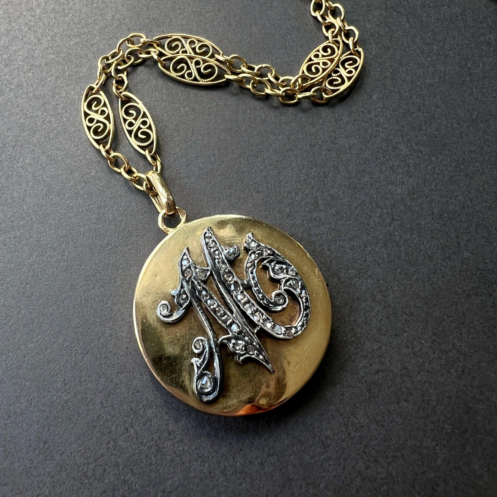 Victorian Era 14K Gold Diamond "M" Locket Pendant