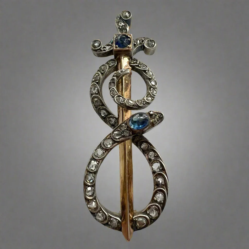 Victorian 18K gold diamond sapphire snake sword brooch pendant