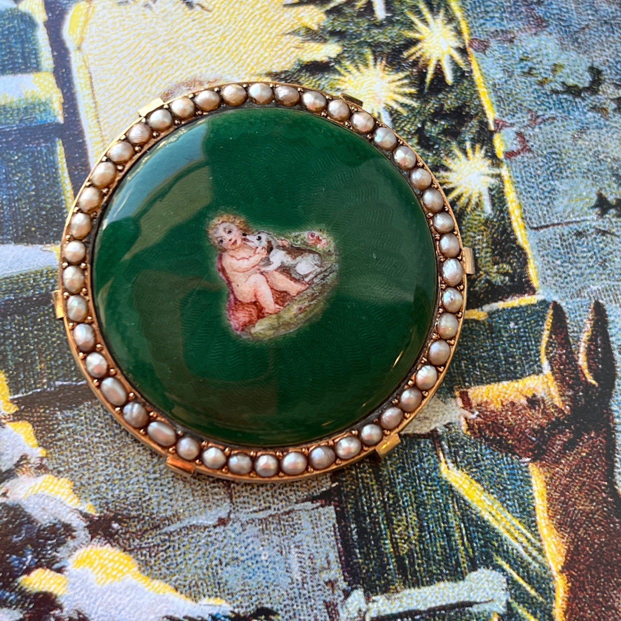 Heartwarming French Antique cherub with dog enameled portrait 18K gold
